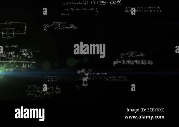 Animation of mathematical equations over black background. global ...