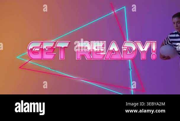 Get Ready! text animation over person dancing with neon geometric ...