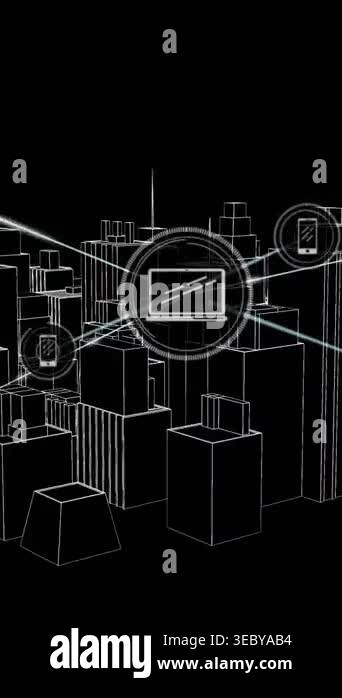 Void revealing wireframe city, camera moving, HUD reticle adding device ...