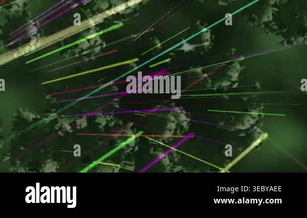 Animation of colorful digital cityscape over moving colorful grid and ...