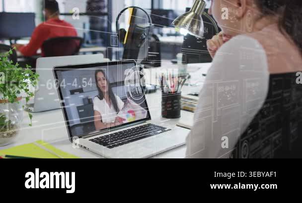 Local worker leaning to laptop as remote presenter holding flyer ...