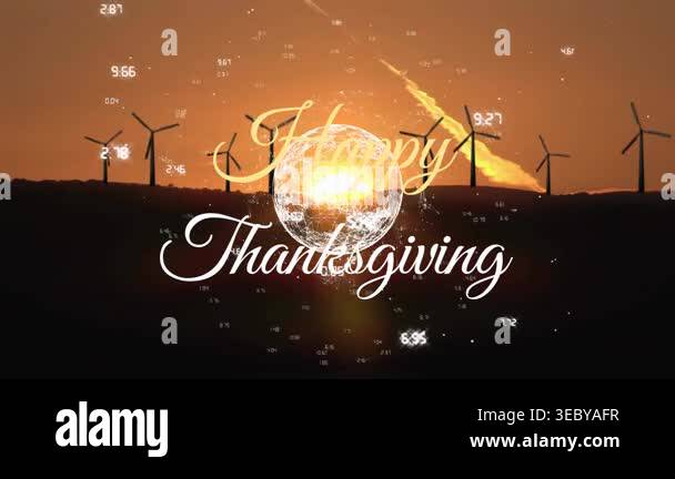 Animation of happy thanksgiving text over data processing and wind ...