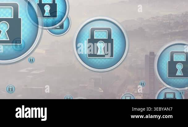 Animation of multiple security padlock icon floating against aerial ...