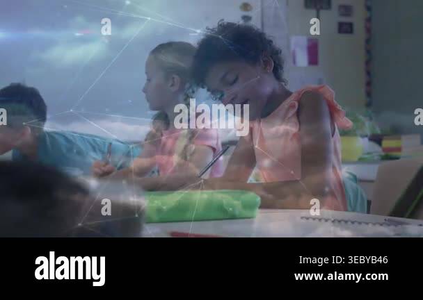 Curly-haired girl shifting from writing to smiling in classroom, camera ...
