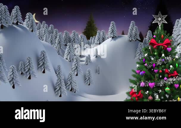Animation of christmas tree over winter scenery. Christmas, tradition ...