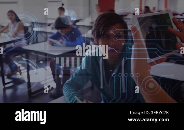 Teacher tapping tablet in classroom, activating HUD finding homography ...