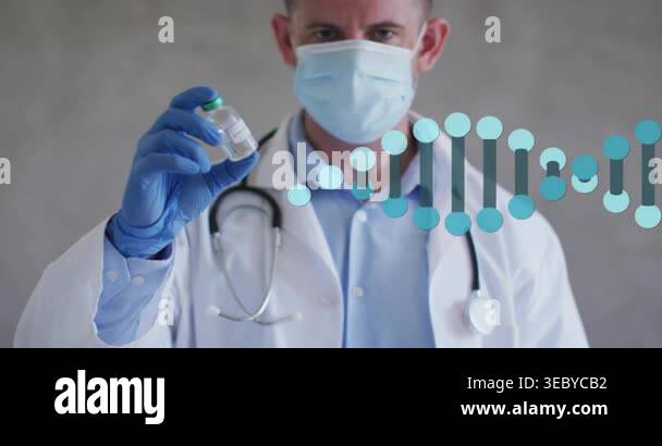 Doctor bringing vial toward camera, animated DNA helix sweeping over ...