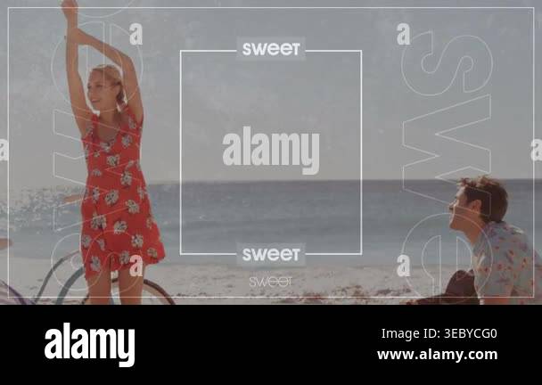 Playing guitar on beach, person with bicycle and sweet animation text ...