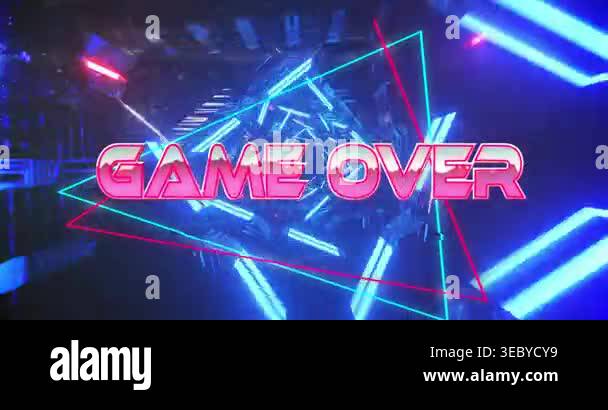 Animation of game over text over neon pattern background. Global video ...