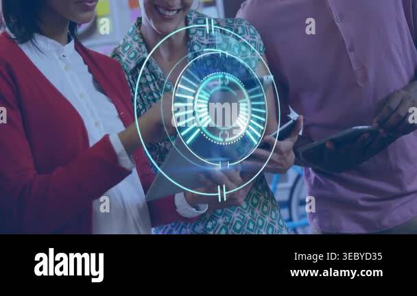 Diverse group collaborating with digital interface animation over ...