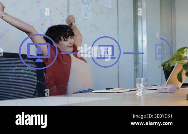Woman leaning back stretching at office table, purple overlay icons ...