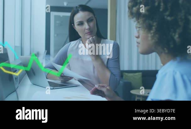 Left woman reviewing printed pages and explaining business data to team ...