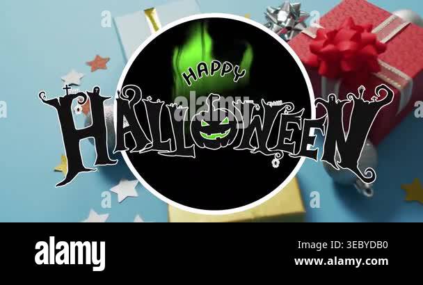 Animation of happy halloween text over christmas decorations. Christmas ...