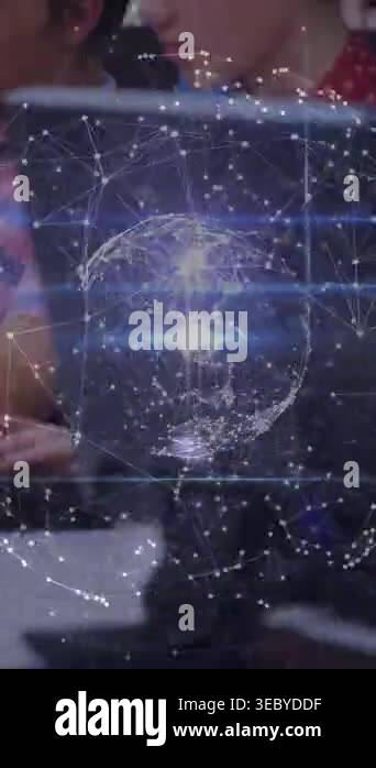 Vertical video: Teacher coming to laptop mentoring student typing globe ...