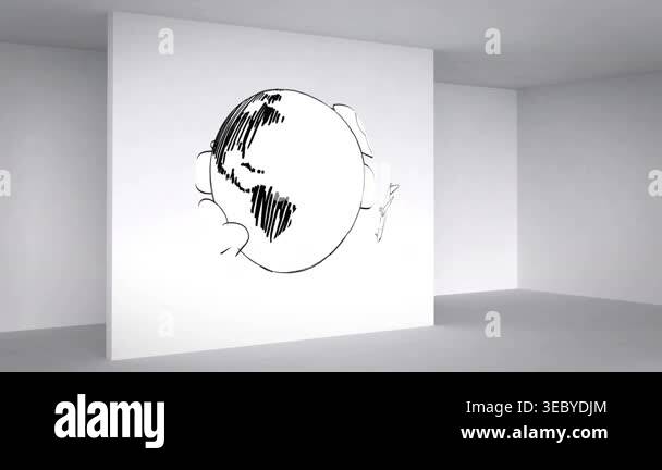 -a three-dimensional room is shown with planes circling the earth on a ...