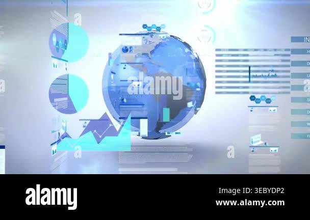 Program launching, graphic intro rotating globe and revealing charts ...