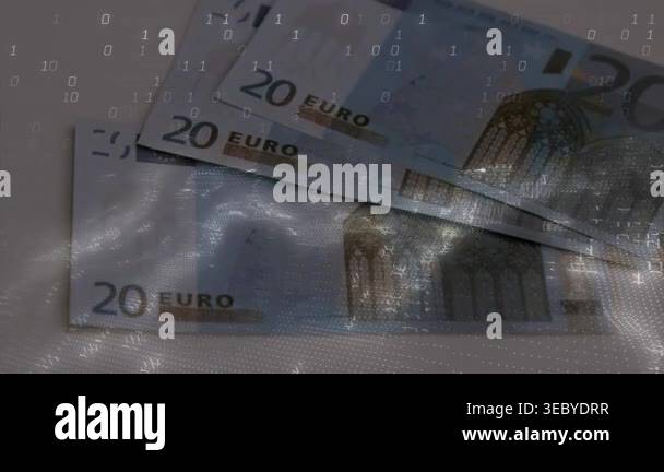 Bills on table, light ripple showing 50 note, binary code growing, face ...