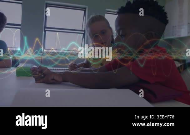 Boy in red shirt leaning and tracing tabletop causing waveform shifting ...