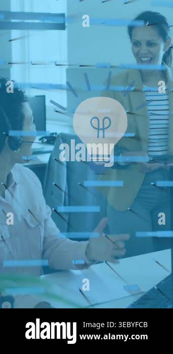 Animation of graphs and bulbs over diverse female coworkers in office ...