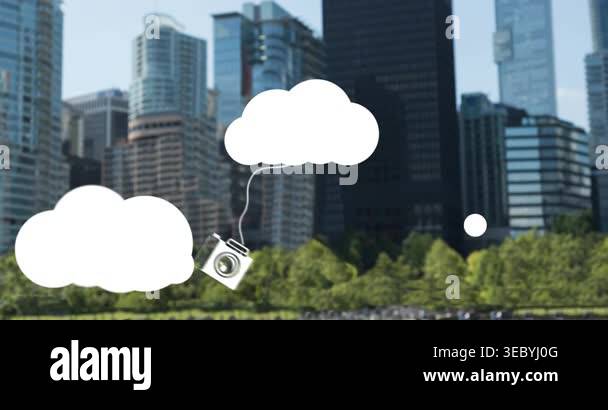 Animation of digital icons hanging to multiple clouds against tall ...