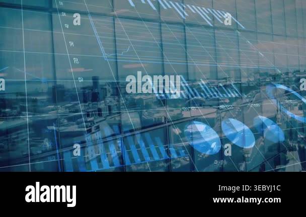 Animation of diagrams and data processing over cityscape. Global ...