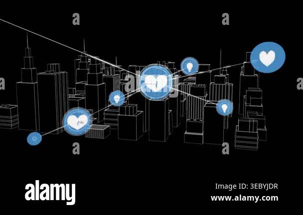 Central heart node pulsing above wireframe city, spawning nodes ...