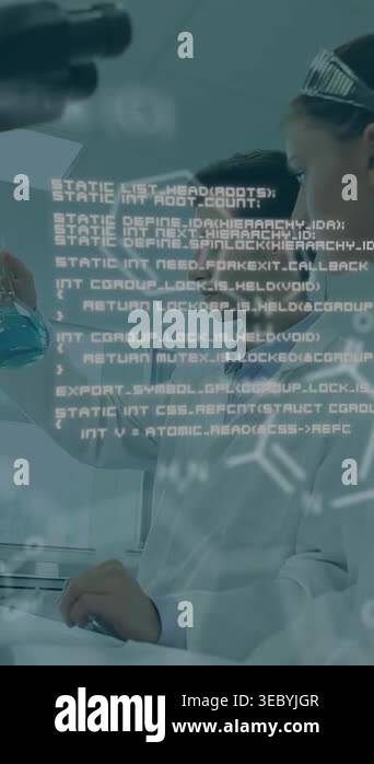 Vertical video: Male lifting flask, lab staff noting data, code overlay ...
