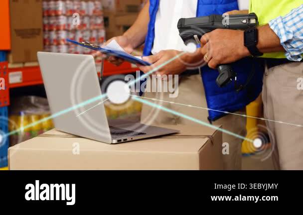 Logistics team activating scanner, checking clipboard, overlay linking ...