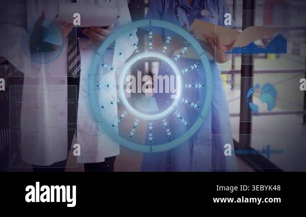 Camera revealing medical duo reviewing tablet, blue HUD overlaying duo ...