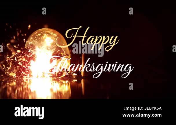 Animation of happy thanksgiving text over shatter light bulb ...