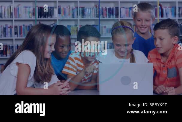 Six students leaning around laptop in library tapping screen and ...