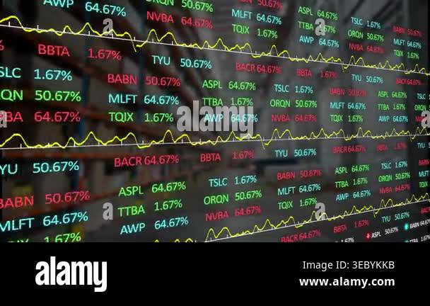 Animation of stock market and diagrams over warehouse. Global delivery ...