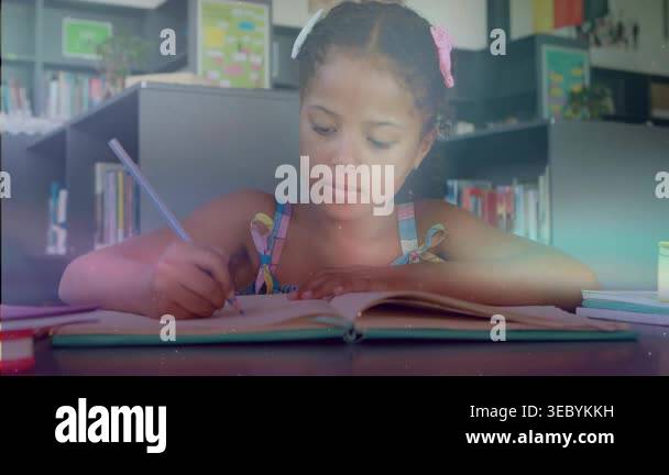 Scene starting, girl leaning and writing across notebook, adjusting ...