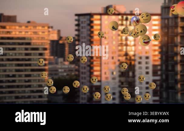 Animation of falling social media icons over cityscape. social media ...