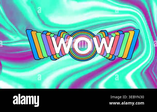 Wow text animation with colorful layers over vibrant, swirling ...