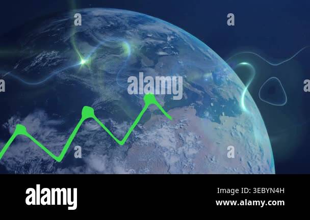 Animation of data processing with graph and light trails over globe ...
