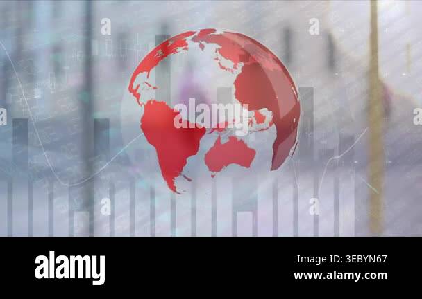 Animation of data processing and graphs over globe and business people ...
