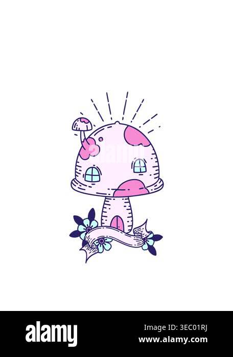 stretching up animation of scroll banner with tattoo style toadstool ...