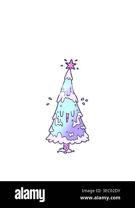 stretching up animation of cartoon snowy christmas tree with happy face ...
