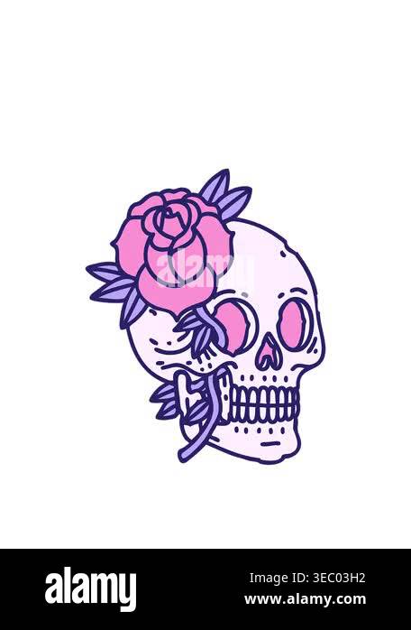 stretching up animation of retro tattoo style image of a skull and rose ...