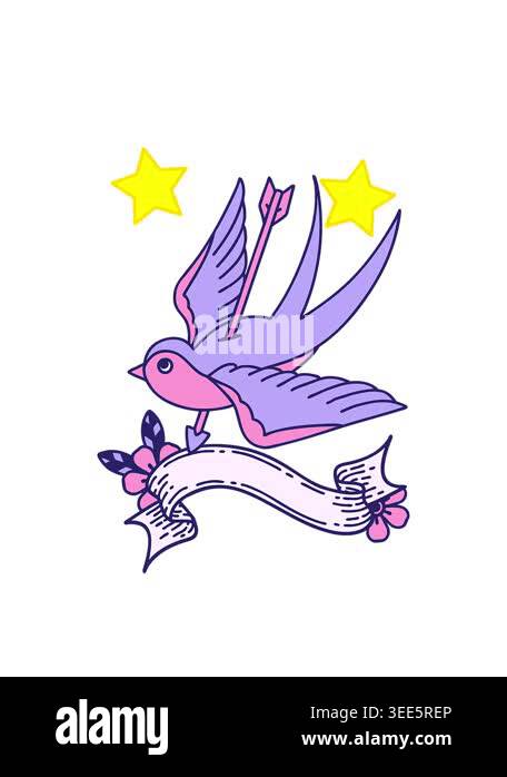 spinning stars animation of traditional tattoo with banner of a swallow ...