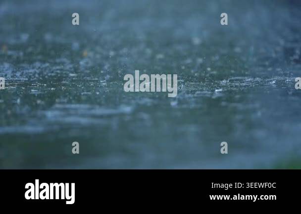 Heavy rain falling on asphalt road with visible splashes and water ...