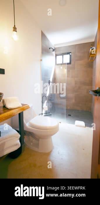 Sunlight streaming into a stylish hotel bathroom, featuring a walk in ...