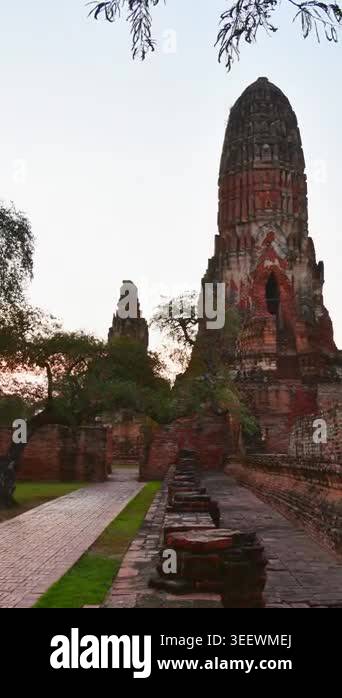 Timelapse vertical view Wat Phra Ram ancient ruins in Ayutthaya ...