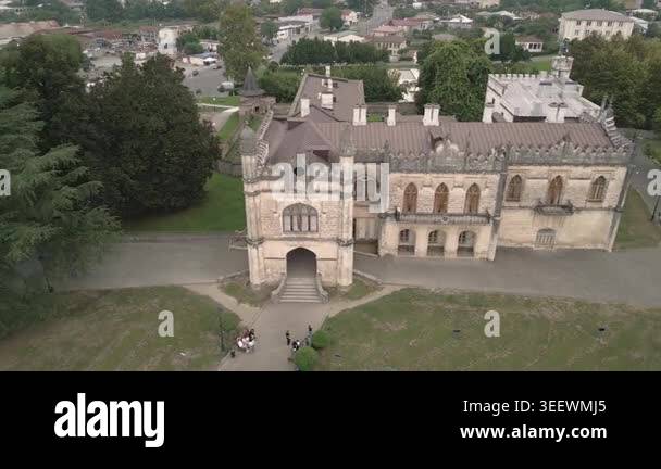 Aerial rising view Dadiani Palace complex in Zugdidi, 19th century ...