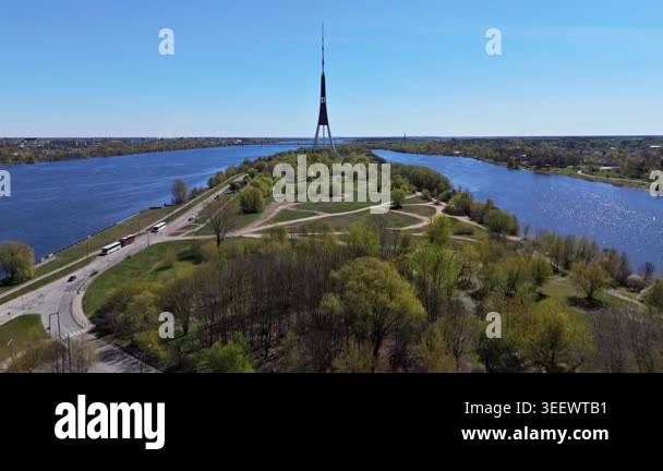 Aerial Drone View of Riga TV Tower and Daugava River Latvia Stock Video ...