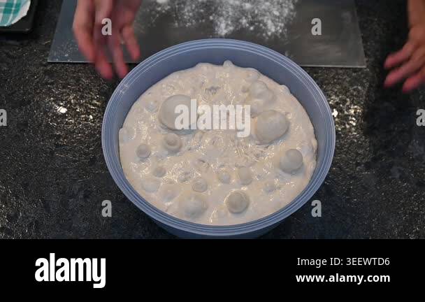 Close-up of active sourdough starter with bubbles in a bowl ...