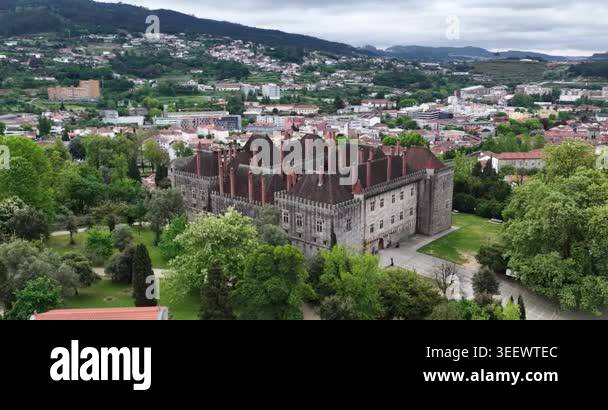 Aerial view showing the historic Palace of the Dukes in Guimaraes ...