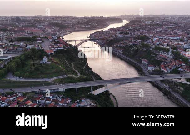 Aerial perspective reveals the historic city of Porto Portugal with the ...