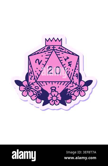 pixelize effect animation of sticker of a natural 20 D20 dice roll with ...